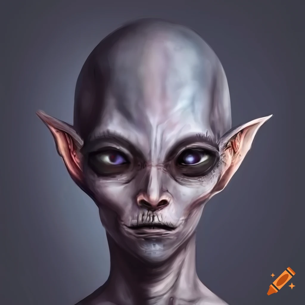 Portrait of an alien humanoid with elf-like features and grey skin on ...