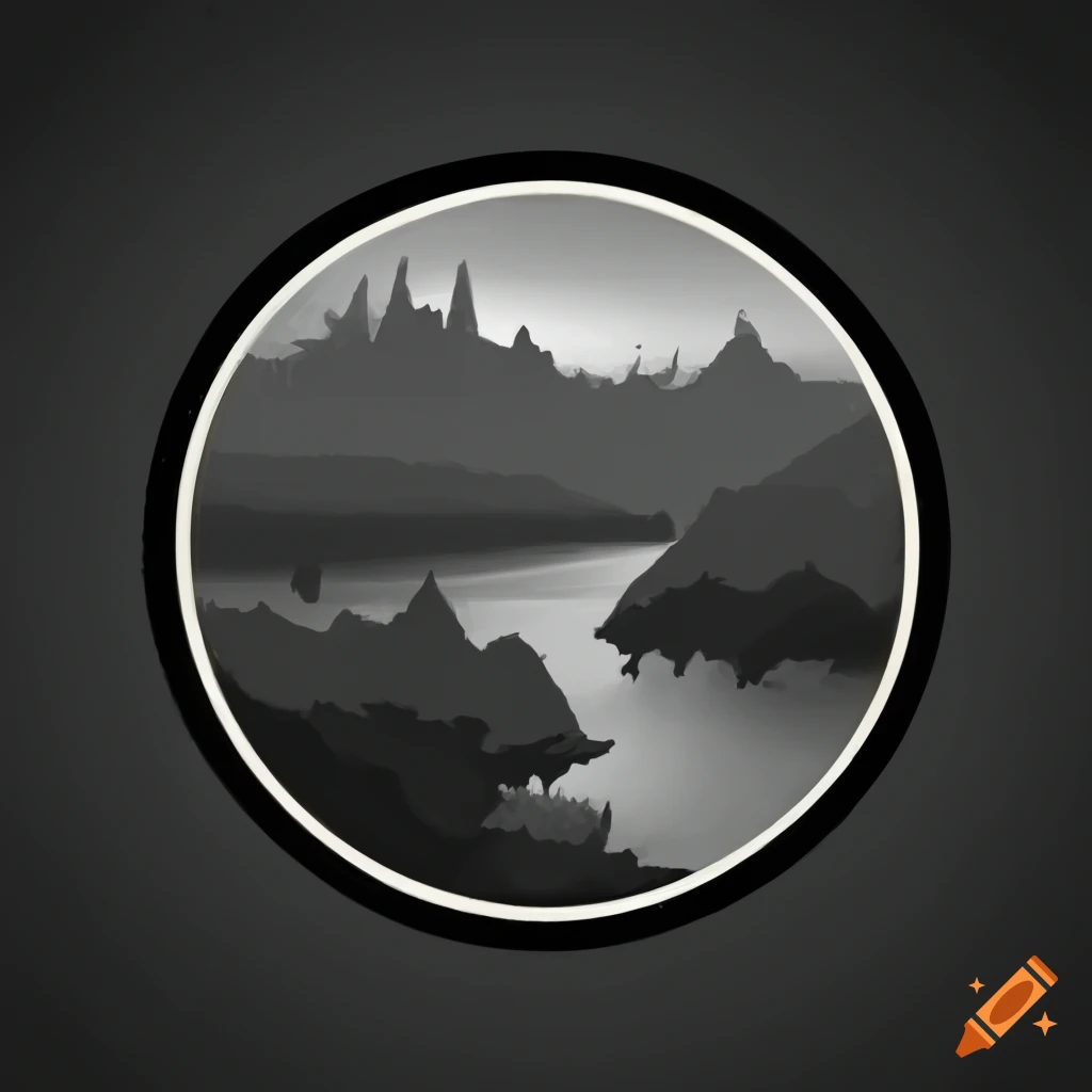 Black and white logo of a riverside landscape for a fantasy miniatures ...