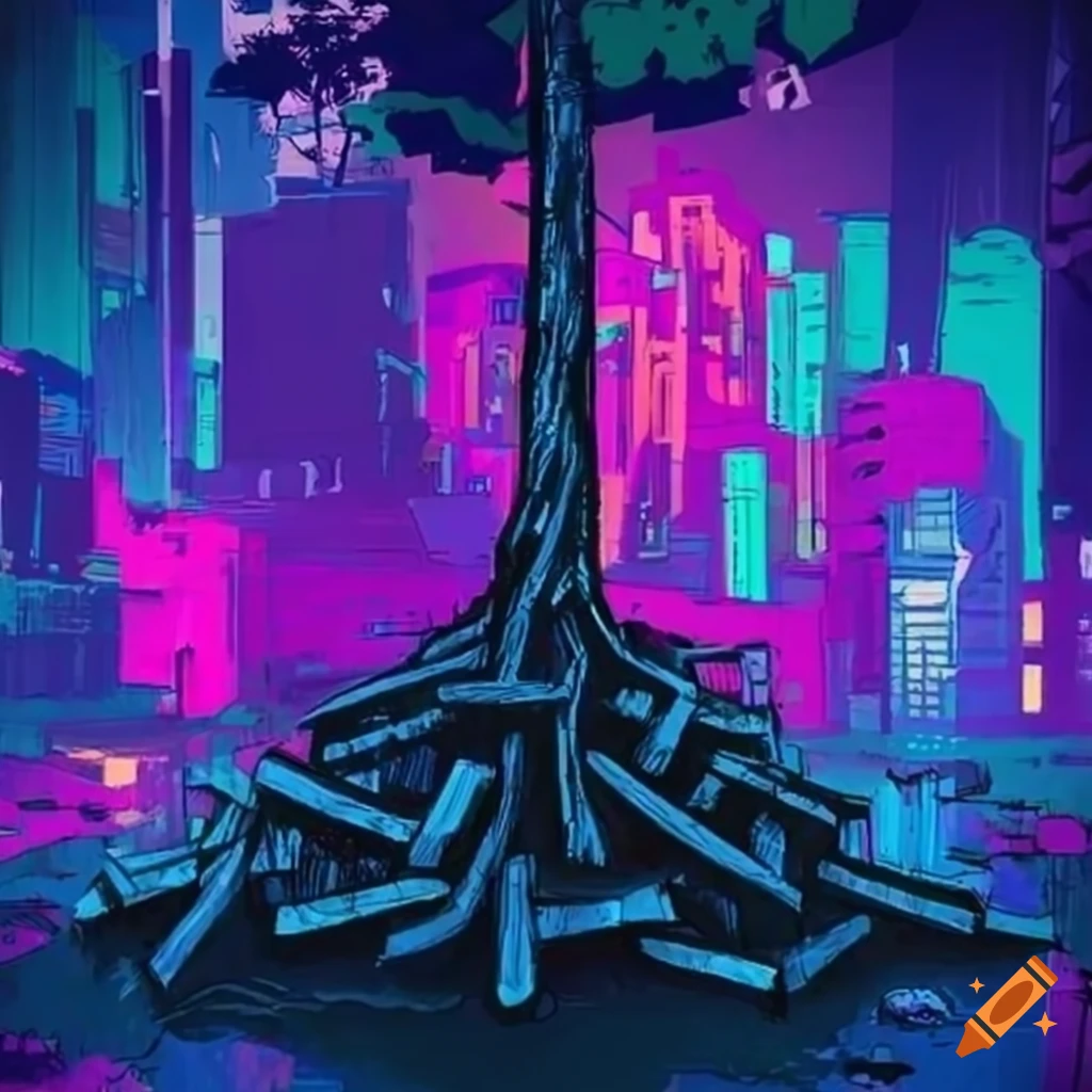 Tree pile depicted in a bright cyberpunk style on Craiyon
