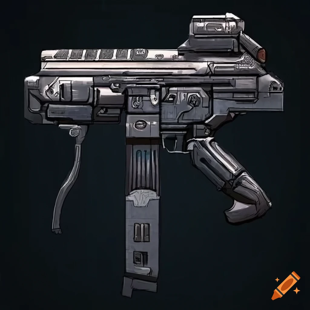 Highly advanced futuristic compact submachine gun drawing on Craiyon