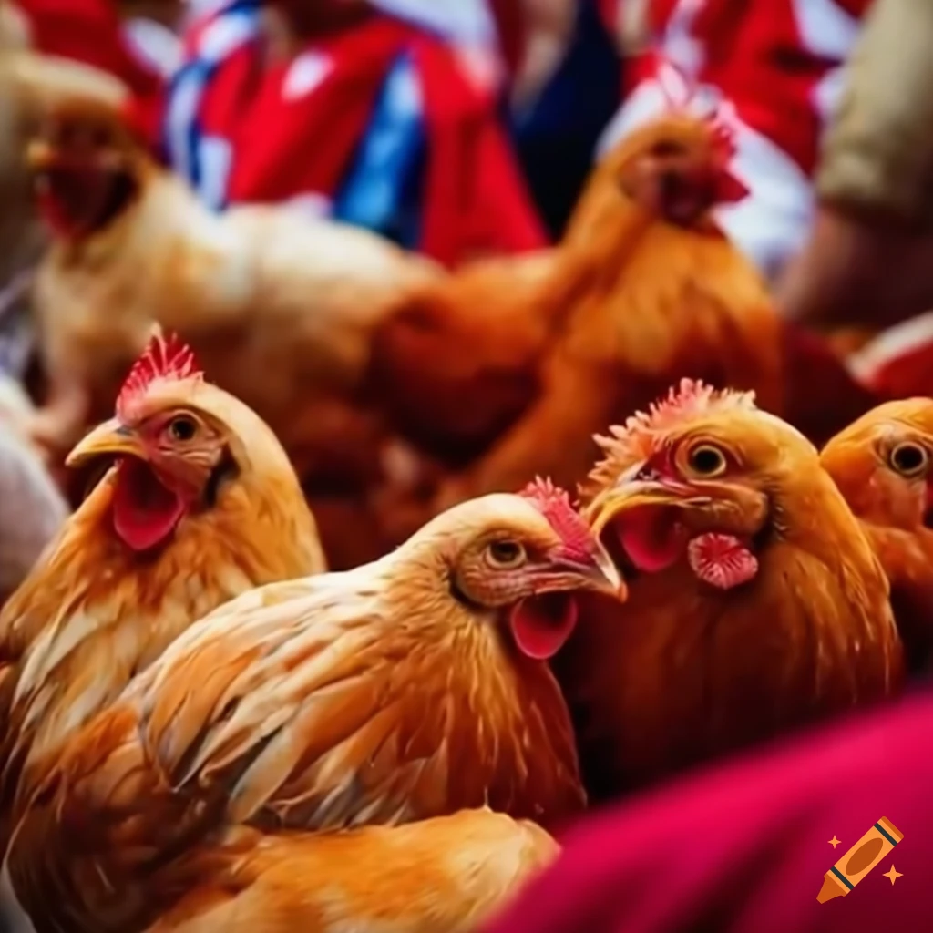 Chickens having a party in a football stadium with England fans on Craiyon