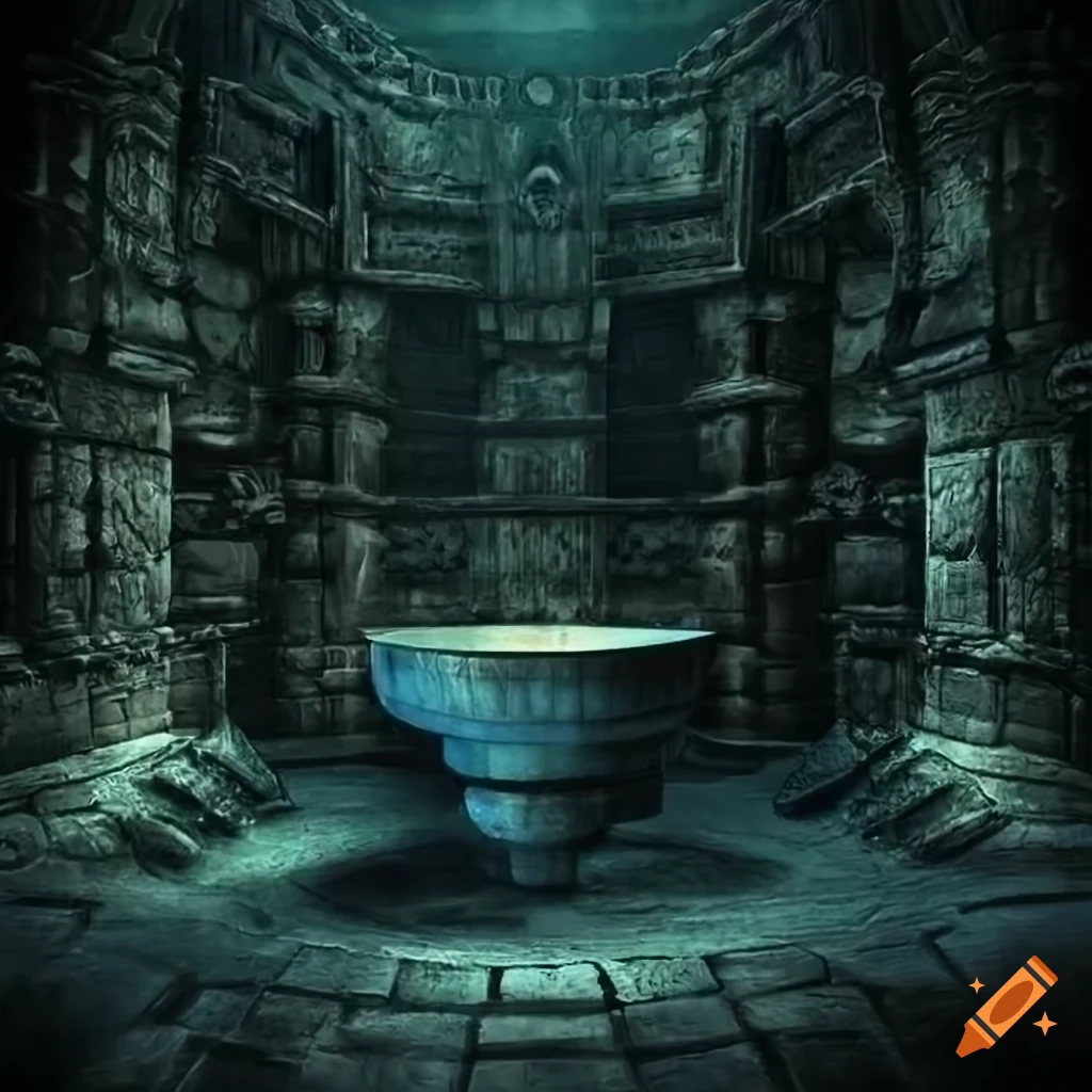 Underground dark stone chamber with water basin and etched metal plates ...