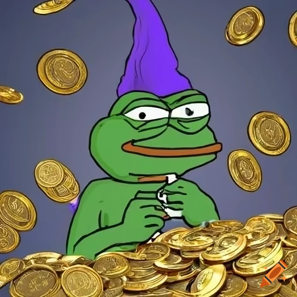 Pepe the frog wearing a wizard hat under an enchanted sky with gold ...