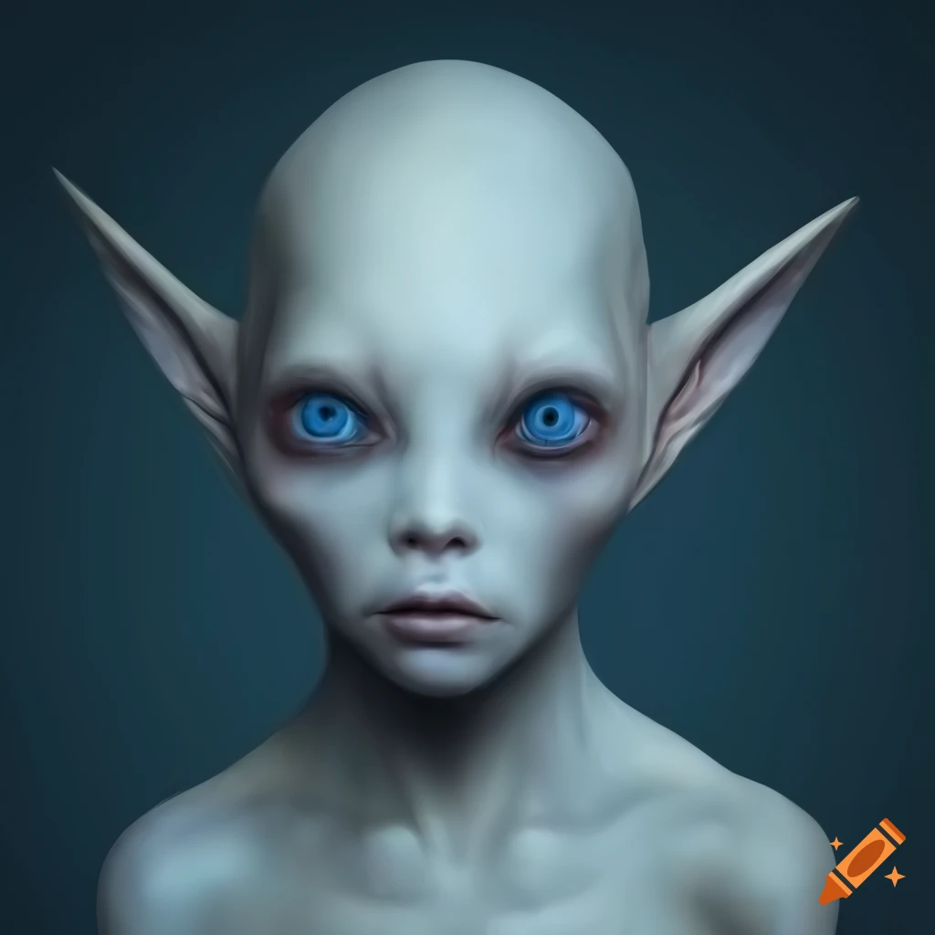 Captivating alien humanoid with elf-like features and radiant blue eyes ...