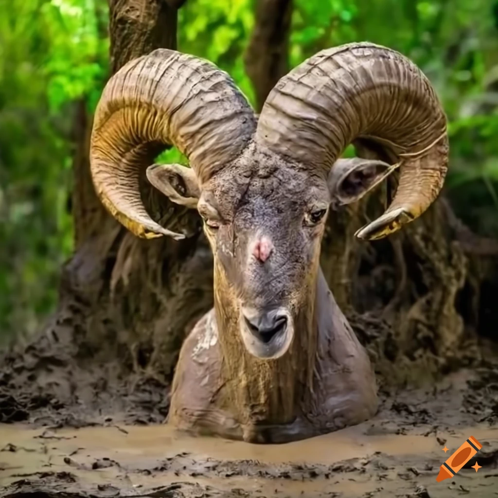 Big horn ram covered in mud in a jungle mud pit on Craiyon