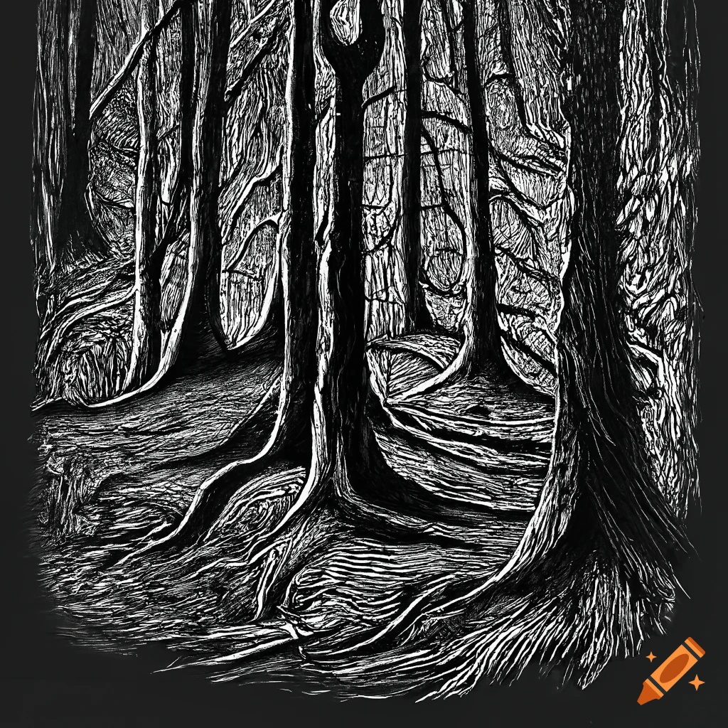 Dark and creepy forest with occult symbolism in hyper-realistic ultra ...