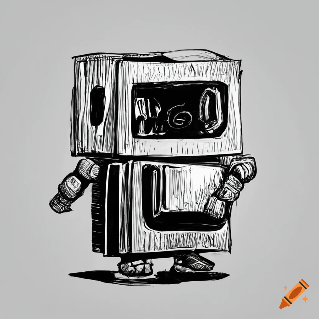 Boxy small fat robot in simple black and white drawing on Craiyon