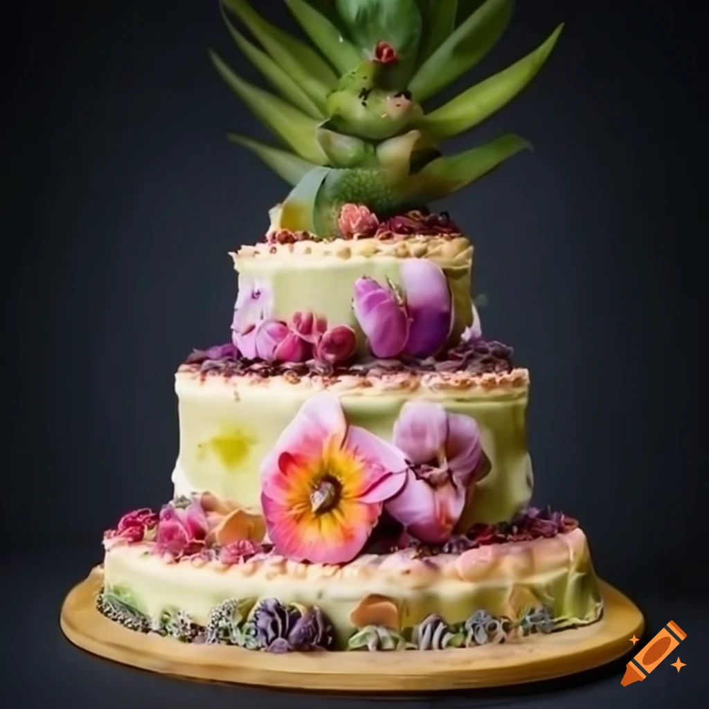 Stunning cake adorned with exotic fruits and edible flowers on Craiyon