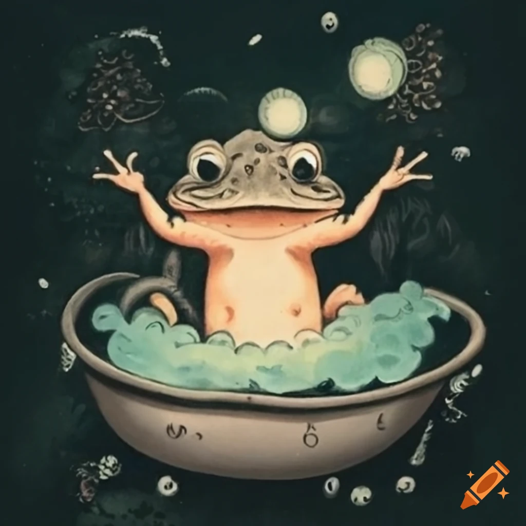 Whimsical toad relaxing in a bathtub in vintage black and white artwork ...
