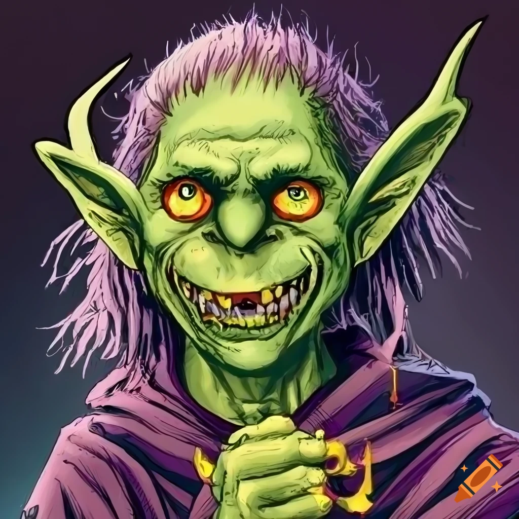 Detailed creepy goblin wizard with razor-sharp teeth and wide-brimmed ...