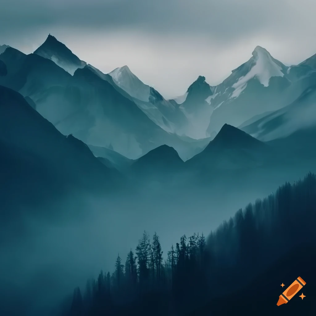 Misty mountain range with peaks shrouded in clouds on Craiyon