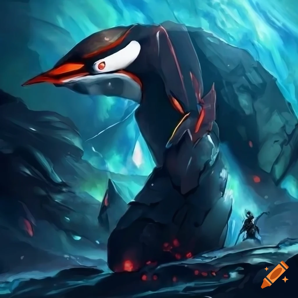 Penguin mecha on a volcanic glacier facing a colossal foe during a ...