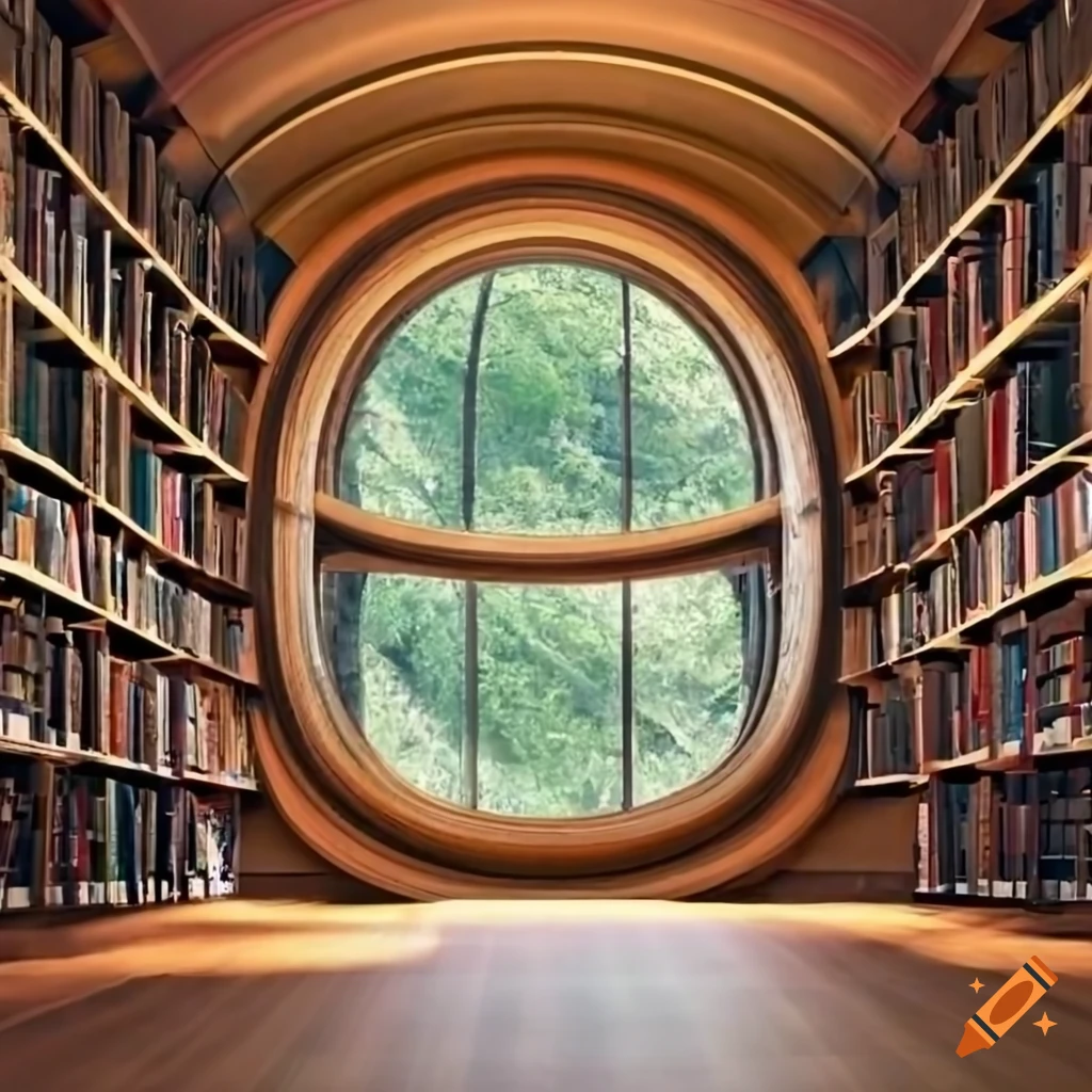 Library room with a large oval window overlooking a forest on Craiyon