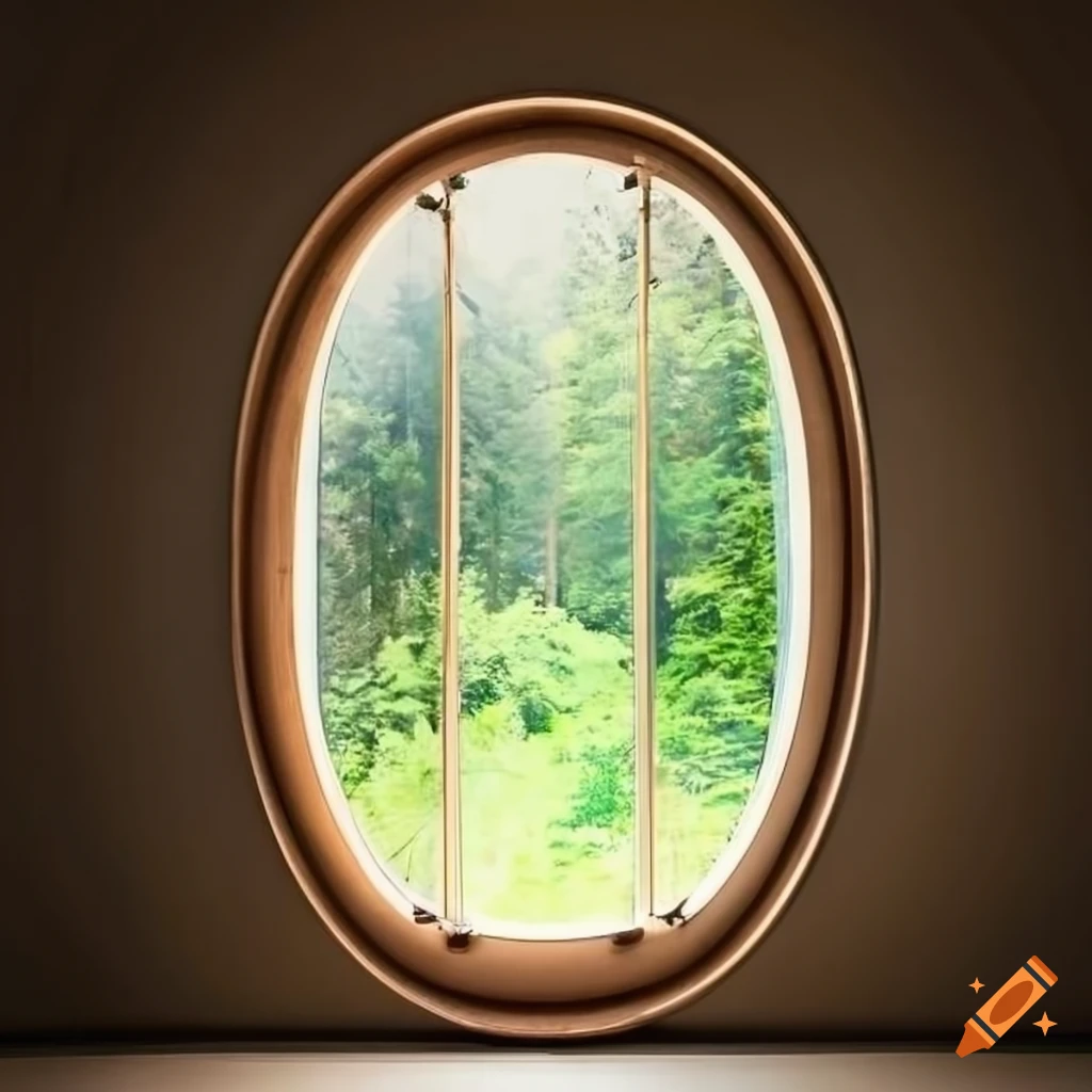 Interior room with concave oval window overlooking a forest and musical ...