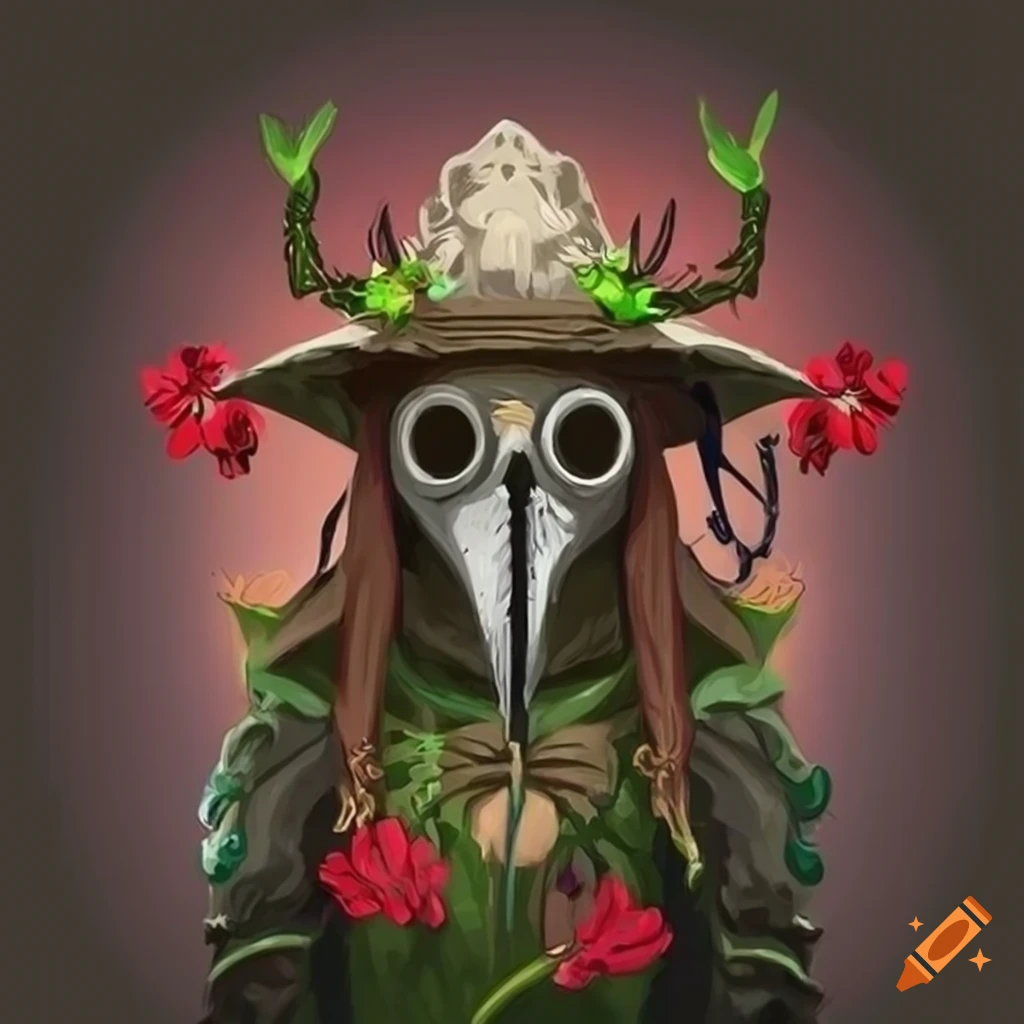 Plague doctor druid shaman with plants and red flowers on Craiyon