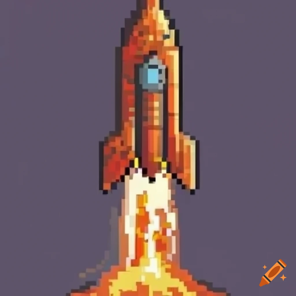 Pixel art rocket launching vertically with fire trail on white ...