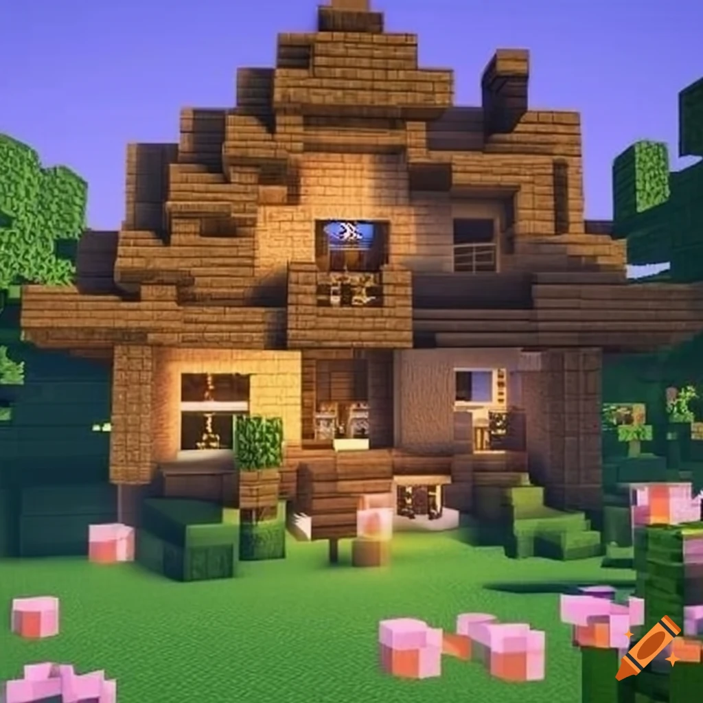 Cozy Minecraft house with a thatched roof in a blooming garden on Craiyon