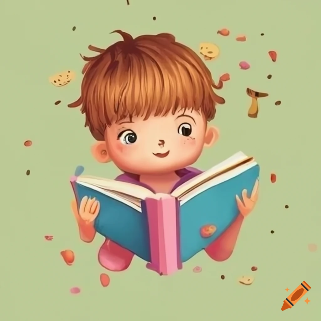 Child reading with floating words in cute and heartwarming illustration ...