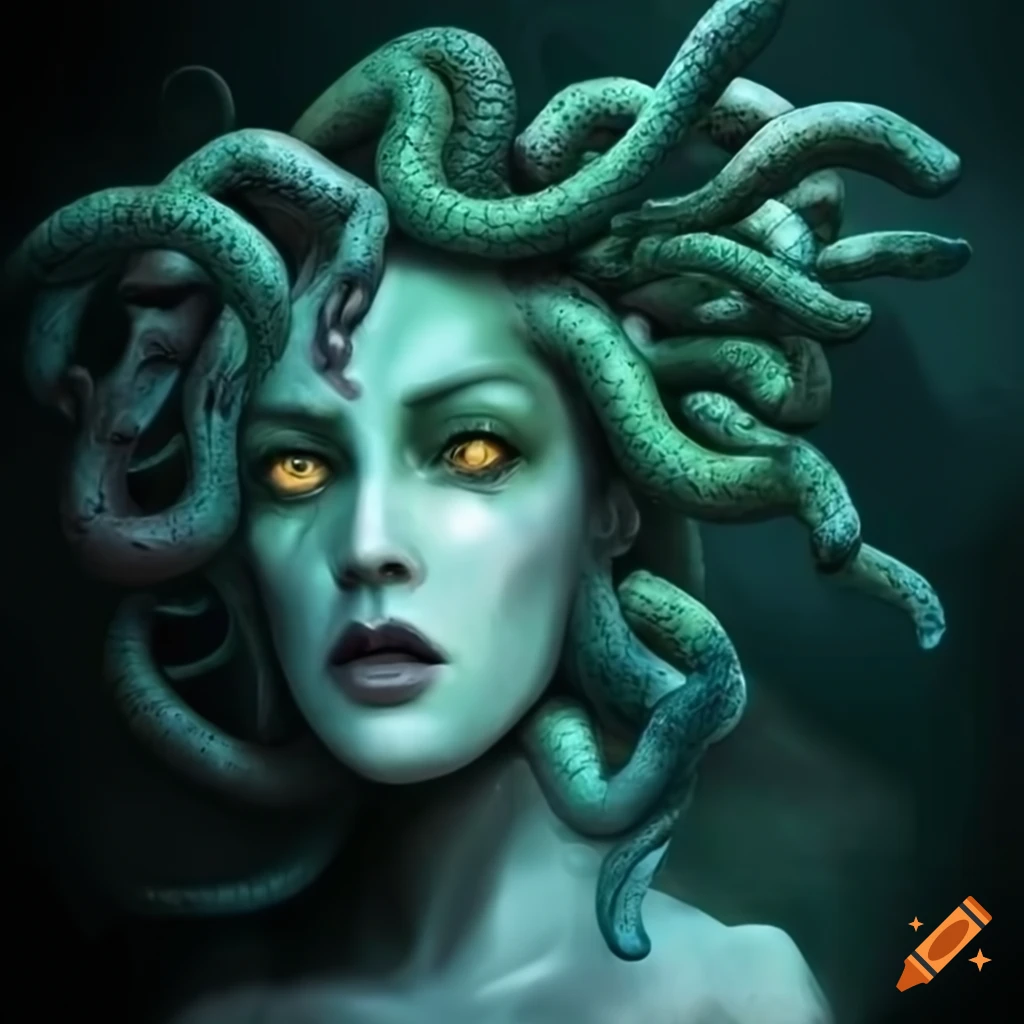 Mythological creature Medusa with an enchanting elven face exploring a mysterious cavern on Craiyon