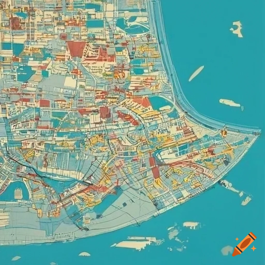 1950 city map with big target casino, seacoast, and railroad on Craiyon