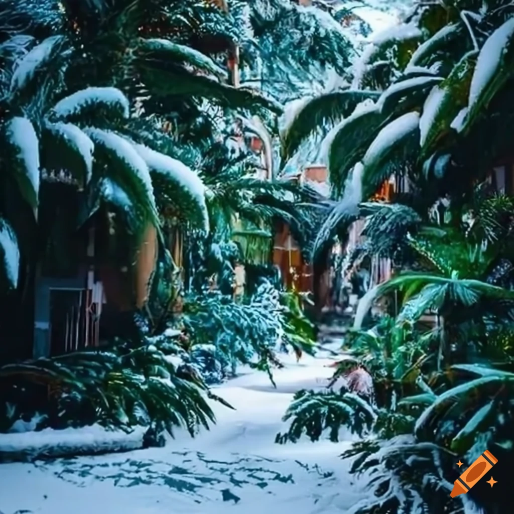 Florida winter scene with tropical plants covered in snow at a shopping ...