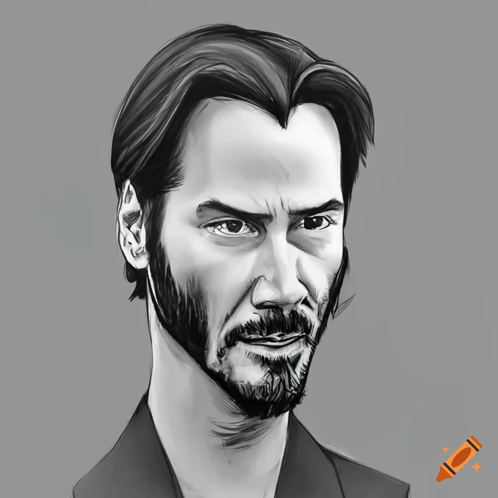Cartoon style drawing of keanu reeves with short hair in black and ...
