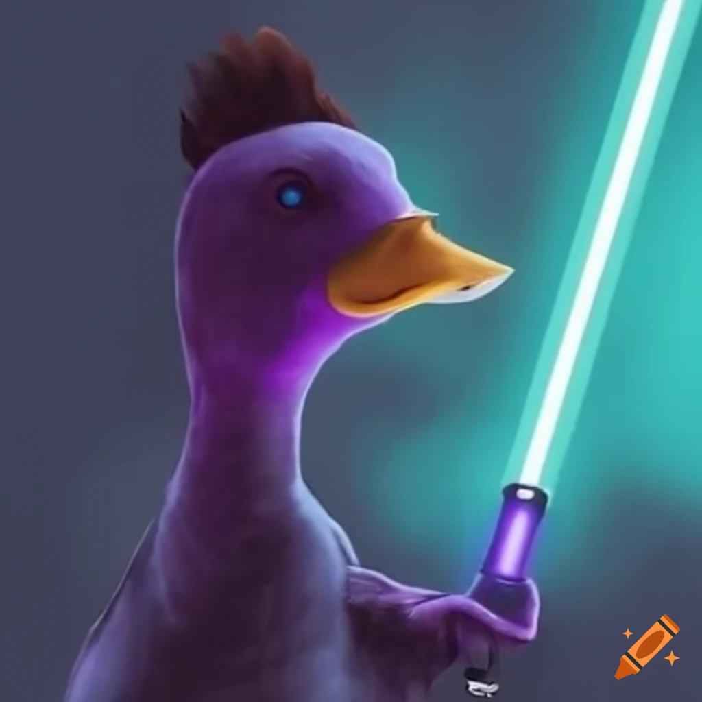 Duck with violet lightsaber in a Jedi pose on Craiyon