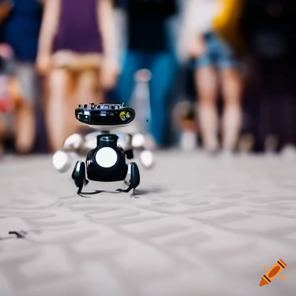 Mini robots on high-raised pathways interacting with a friendly crowd ...