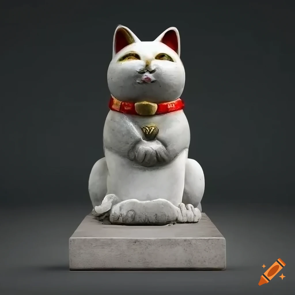 Japanese fortune cat statue with raised right arm as a stone sculpture ...