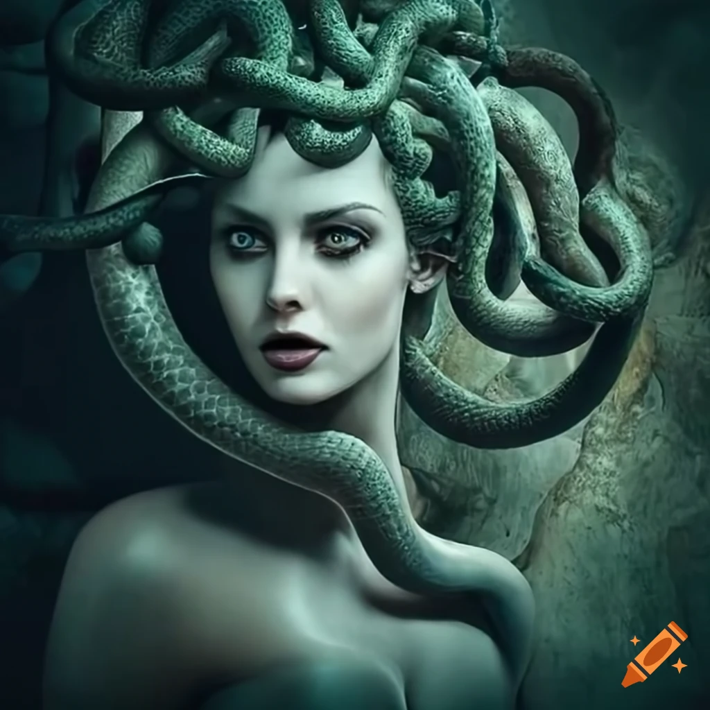 Mythical and friendly-looking medusa with a snake body in a cave on Craiyon