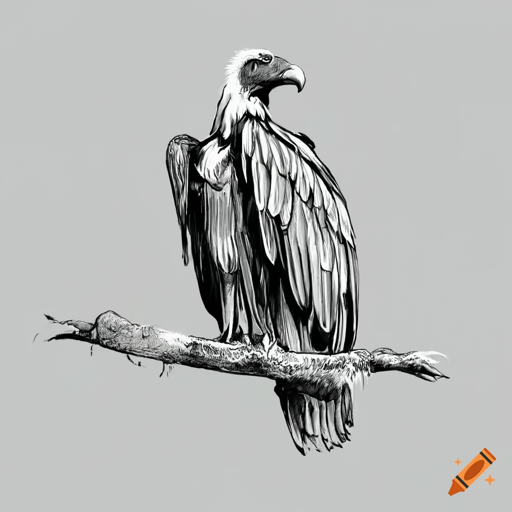 Majestic vulture perched on a tree branch in a detailed black and white ...