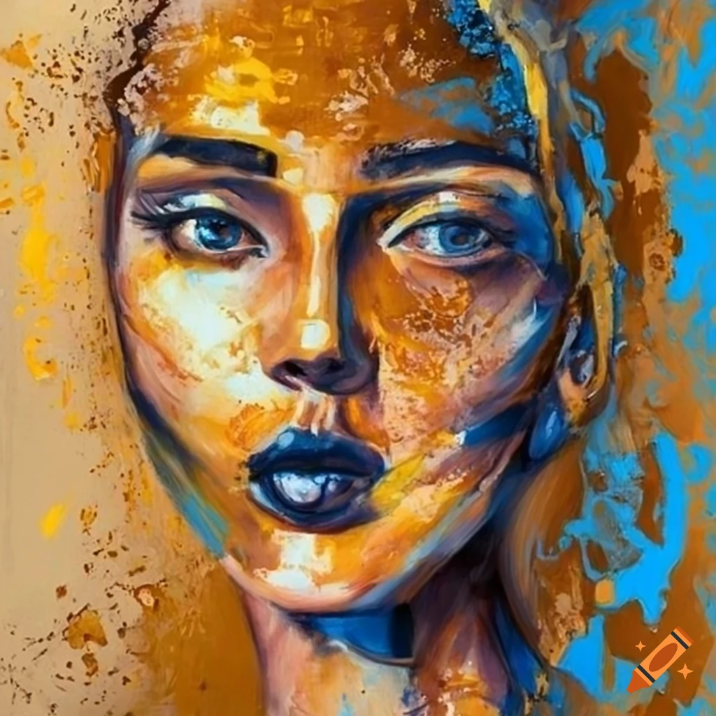 Abstract expressionist painting of a woman in love with gold, blue, and ...