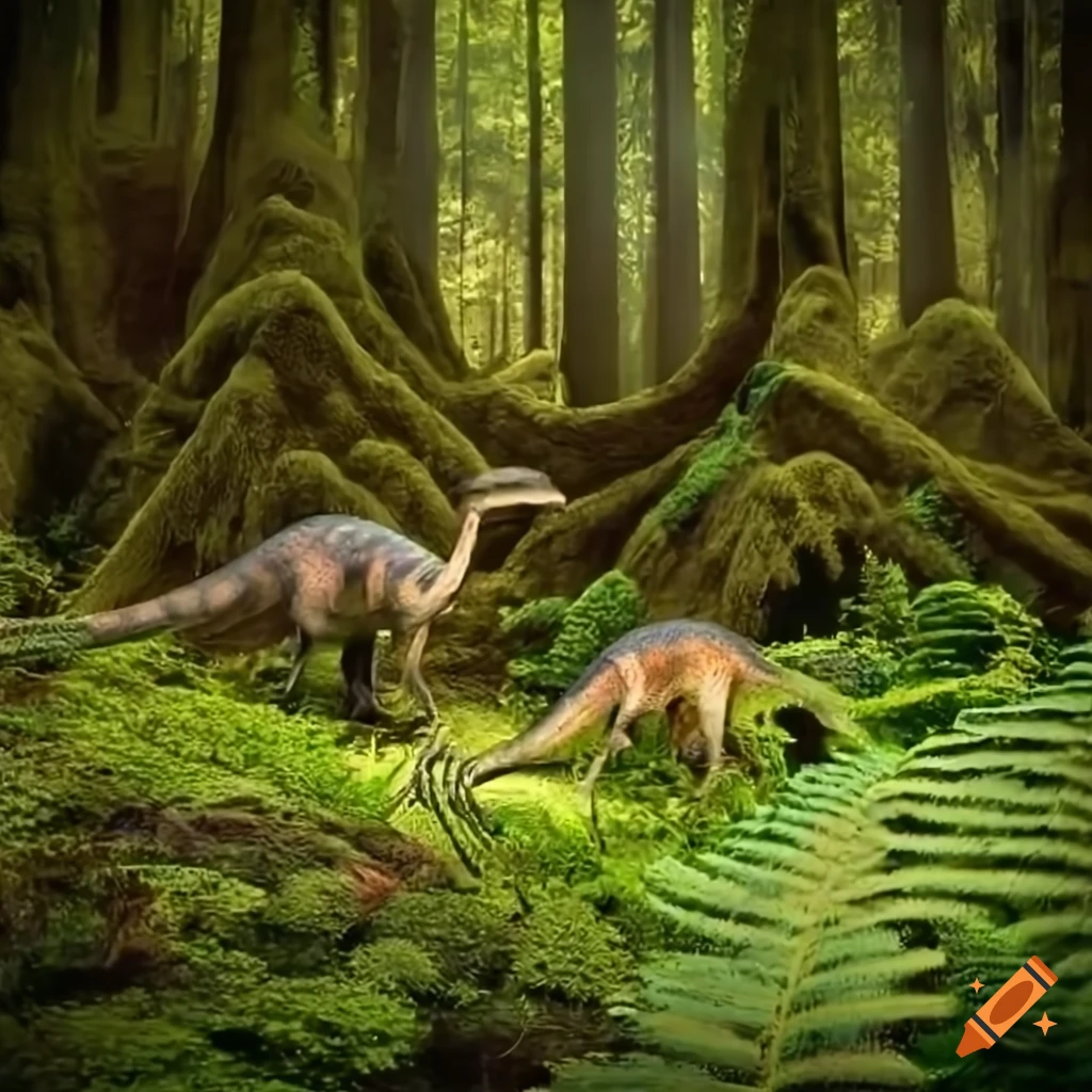 Hypsilophodon dinosaurs in a dense cedar forest under dappled shadows on Craiyon