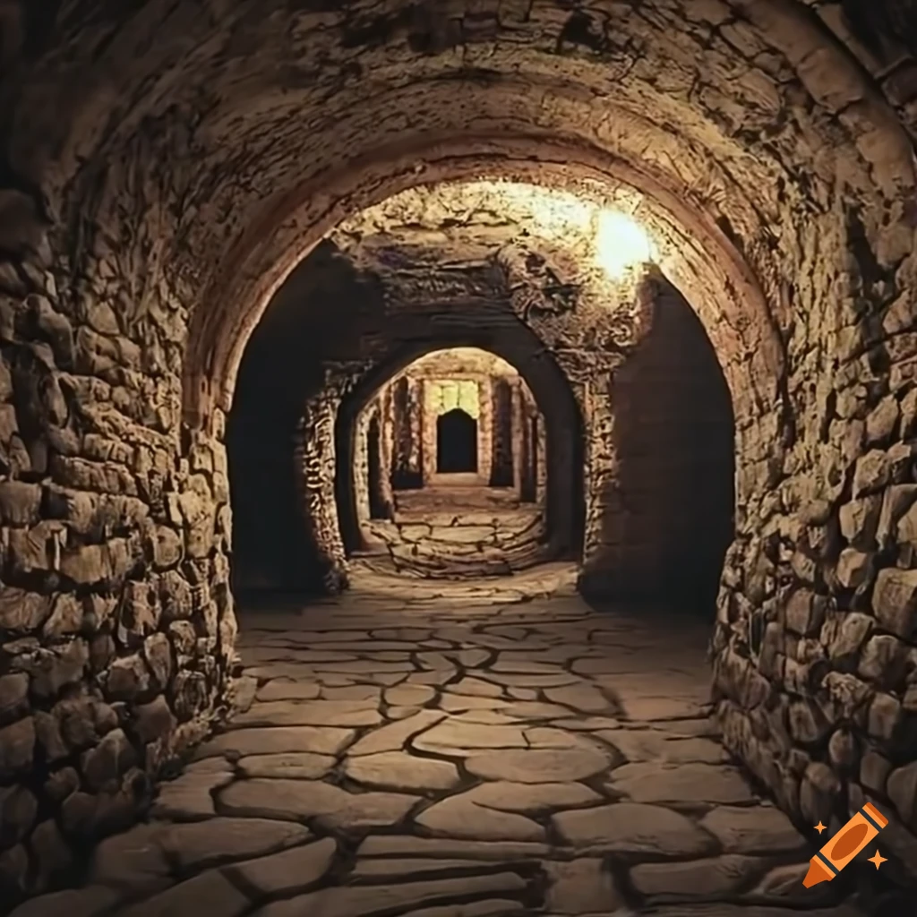 Mysterious underground stone corridors beneath a medieval city on Craiyon