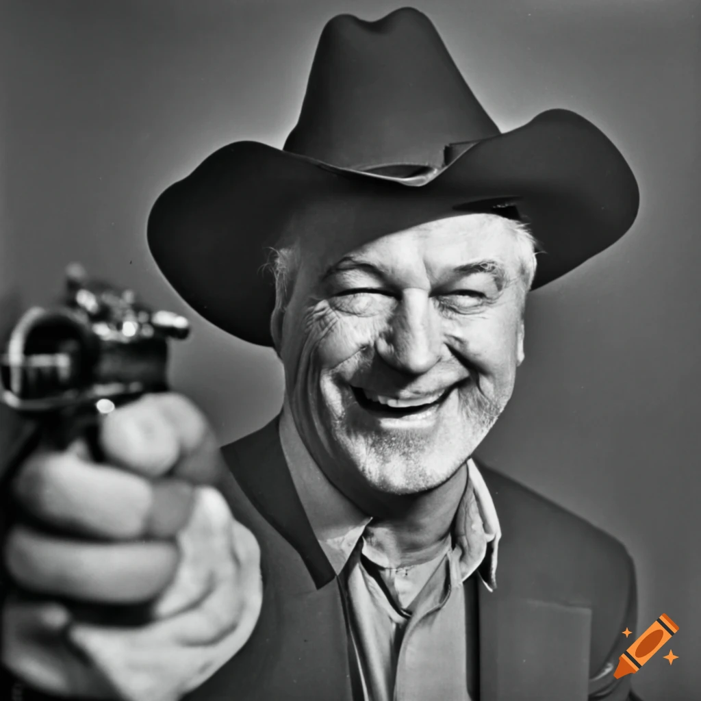 Alec Baldwin in a cowboy hat smiling and pointing a revolver on Craiyon