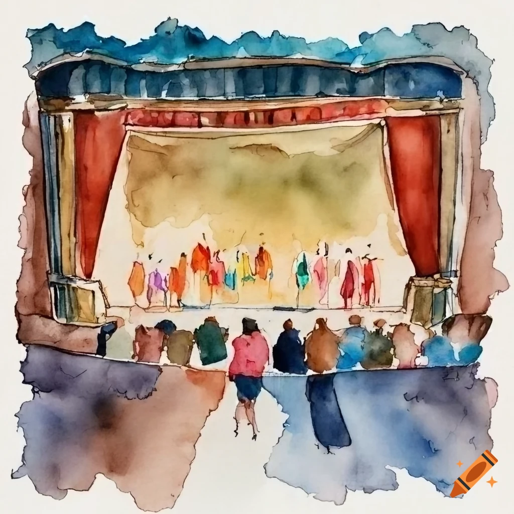Watercolor painting of a grand theater stage with a play performance on ...