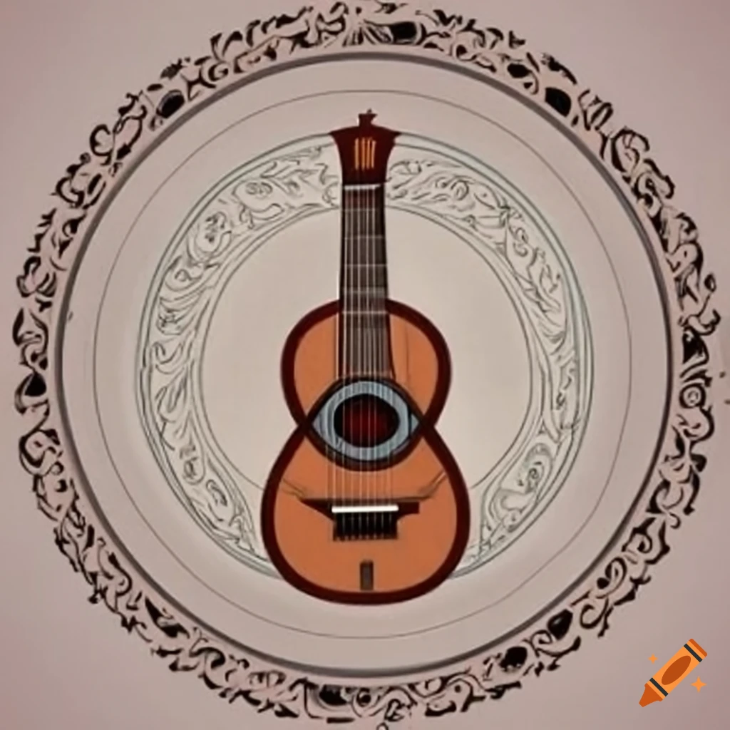 Round classical guitar label with word 'By Alex' in 19th century style ...