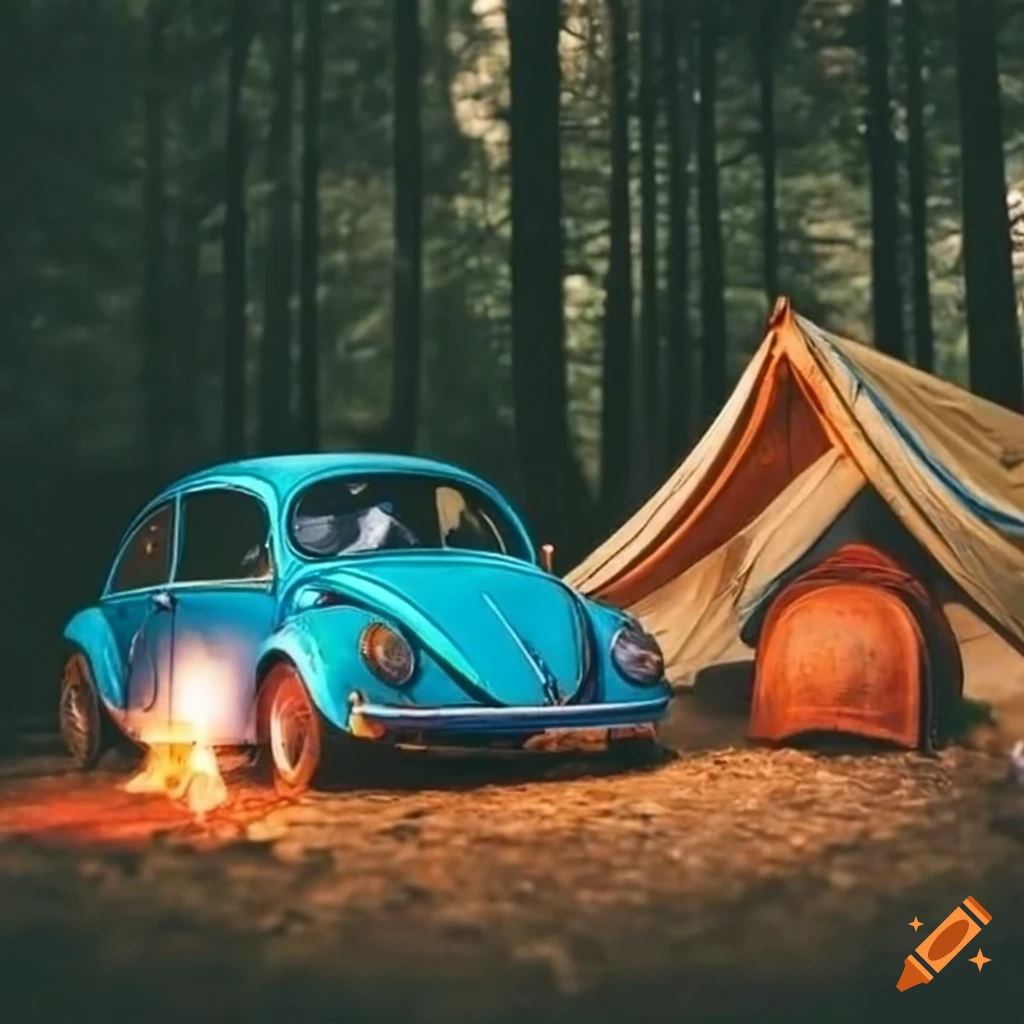Tranquil campsite with vintage blue volkswagen beetle and cozy lean-to shelter on Craiyon