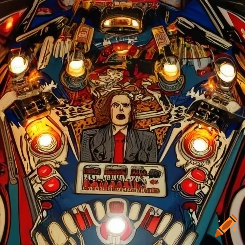 Detailed close up of Phantasm horror film-themed pinball machine on Craiyon
