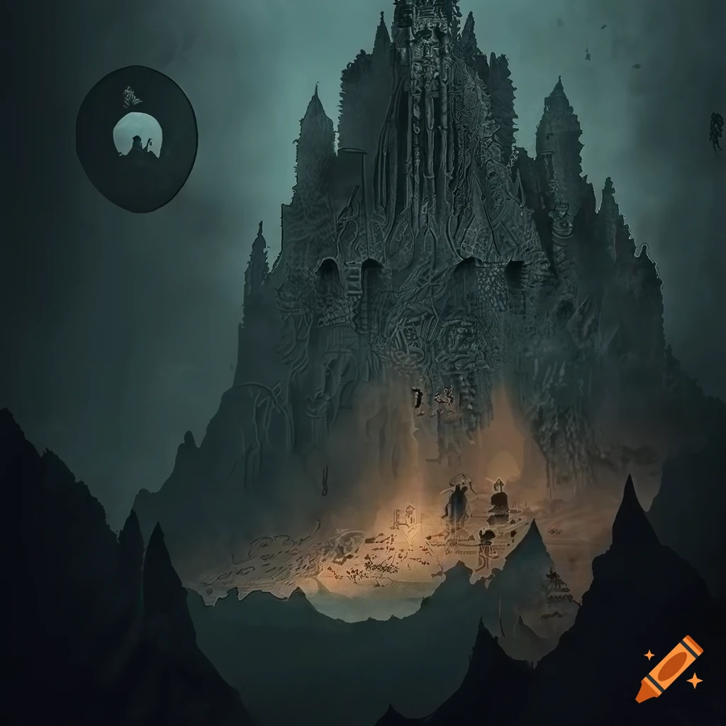 Occult dark fantasy map terrain with a black metal archipelago on Craiyon