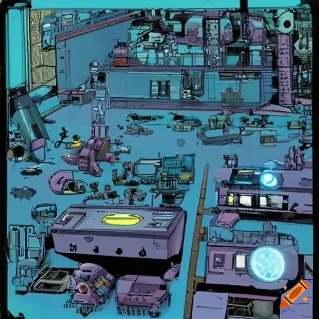 High-tech laboratory with airships and gadgets in a comic book setting ...