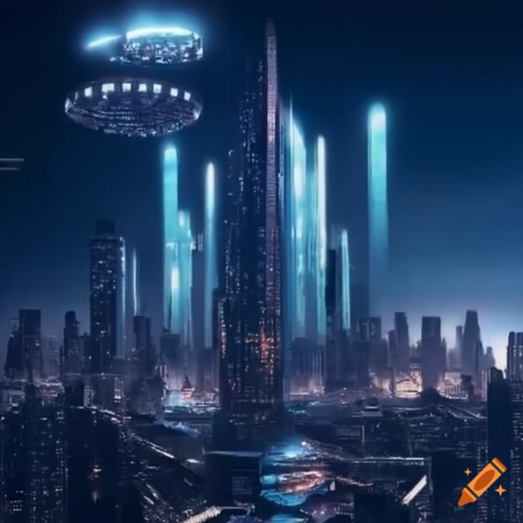 Futuristic city in 2050 with flying cars and holographic billboards on ...