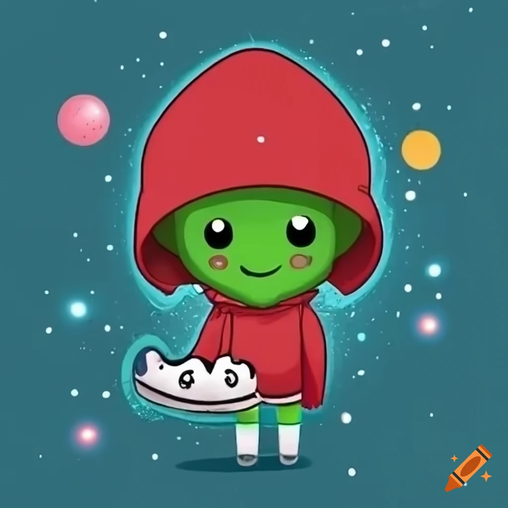 Kawaii green-skinned character with a red hooded outfit on Craiyon