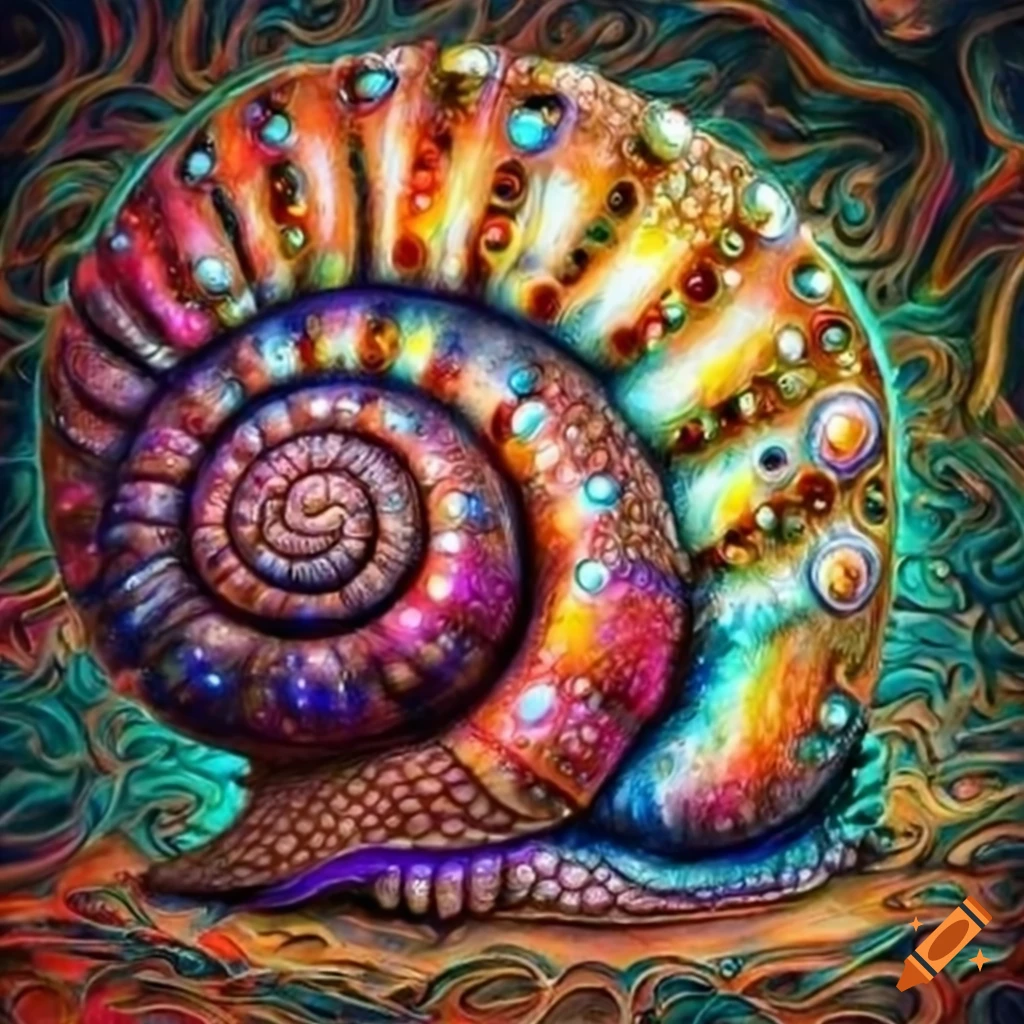 Intricate painting of surreal snail with bejeweled eyes symbolizing ...