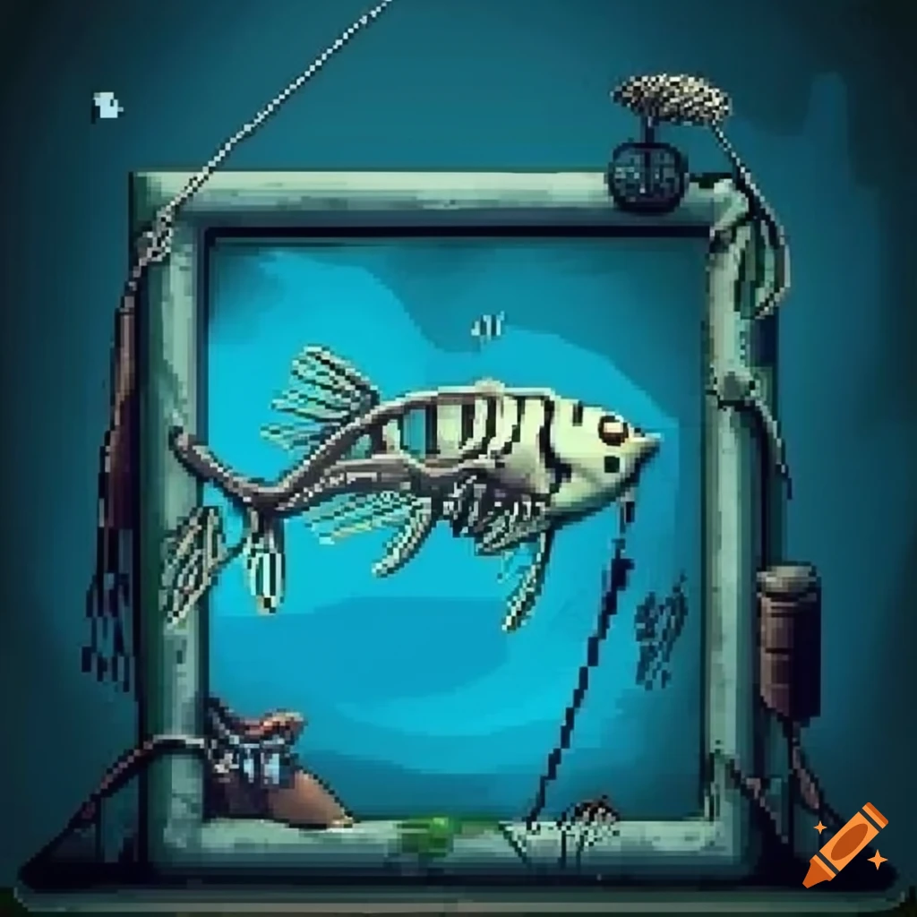 Eerie square picture frame with fishing rod and fish skeletons in ...