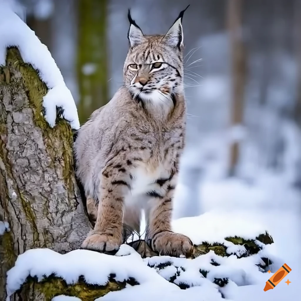 Gray lynx with a fluffy tail sitting on a snowy tree in the forest on ...