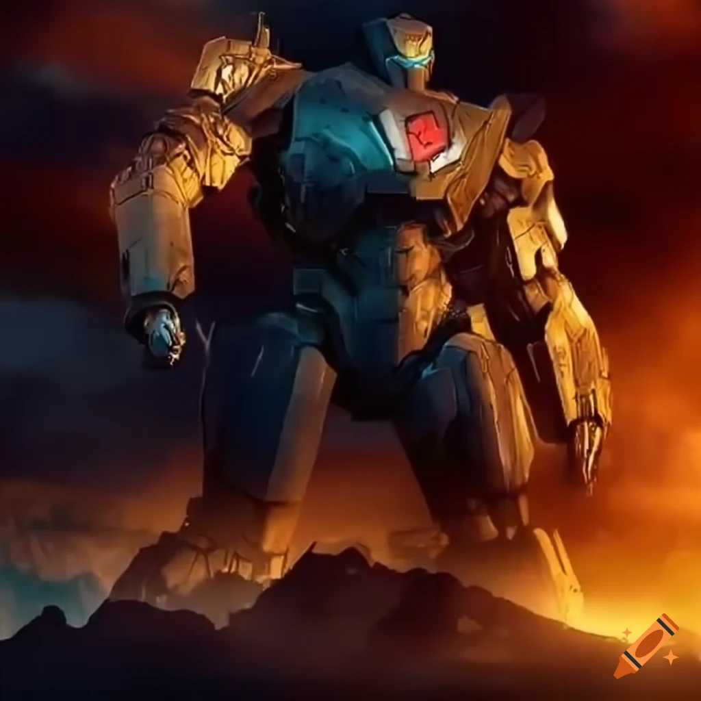 Giant mecha in the mountains in a pacific rim style epic scene on Craiyon