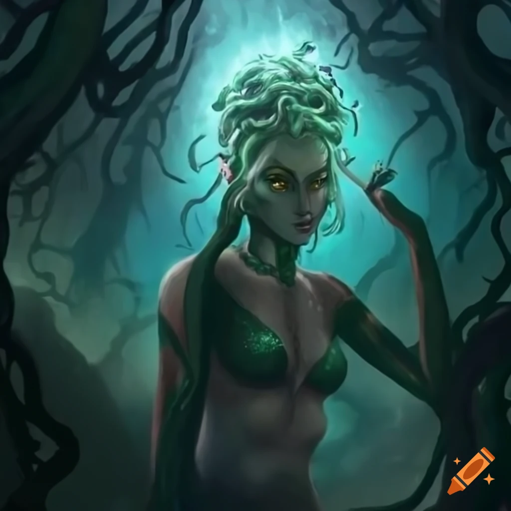 Mythological creature medusa with an enchanting elven face exploring a mysterious cavern on Craiyon