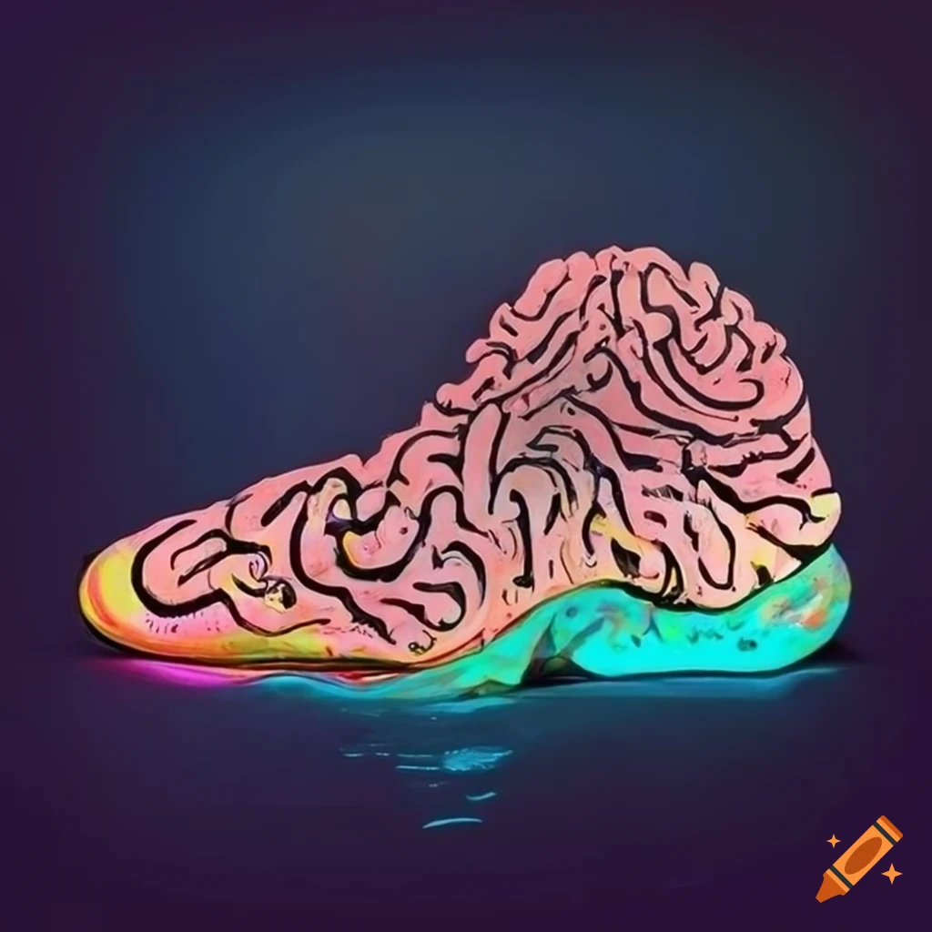 Mixed media artwork of shoe designs forming a brain-like shape on Craiyon