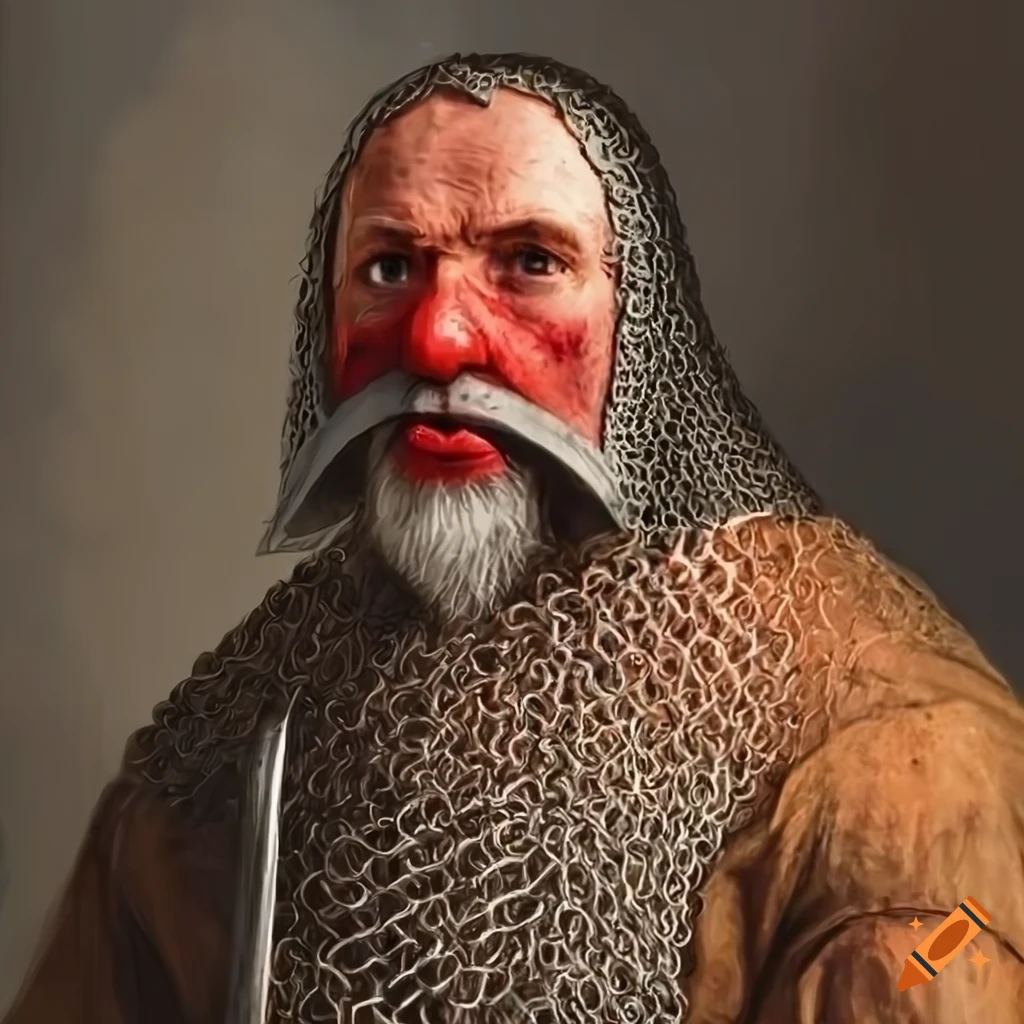Middle-aged male in medieval peasant attire with a greatsword on Craiyon
